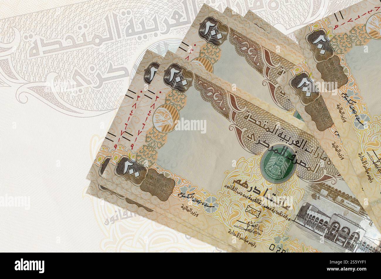 200 UAE dirhams bills lies in stack on background of big semi ...