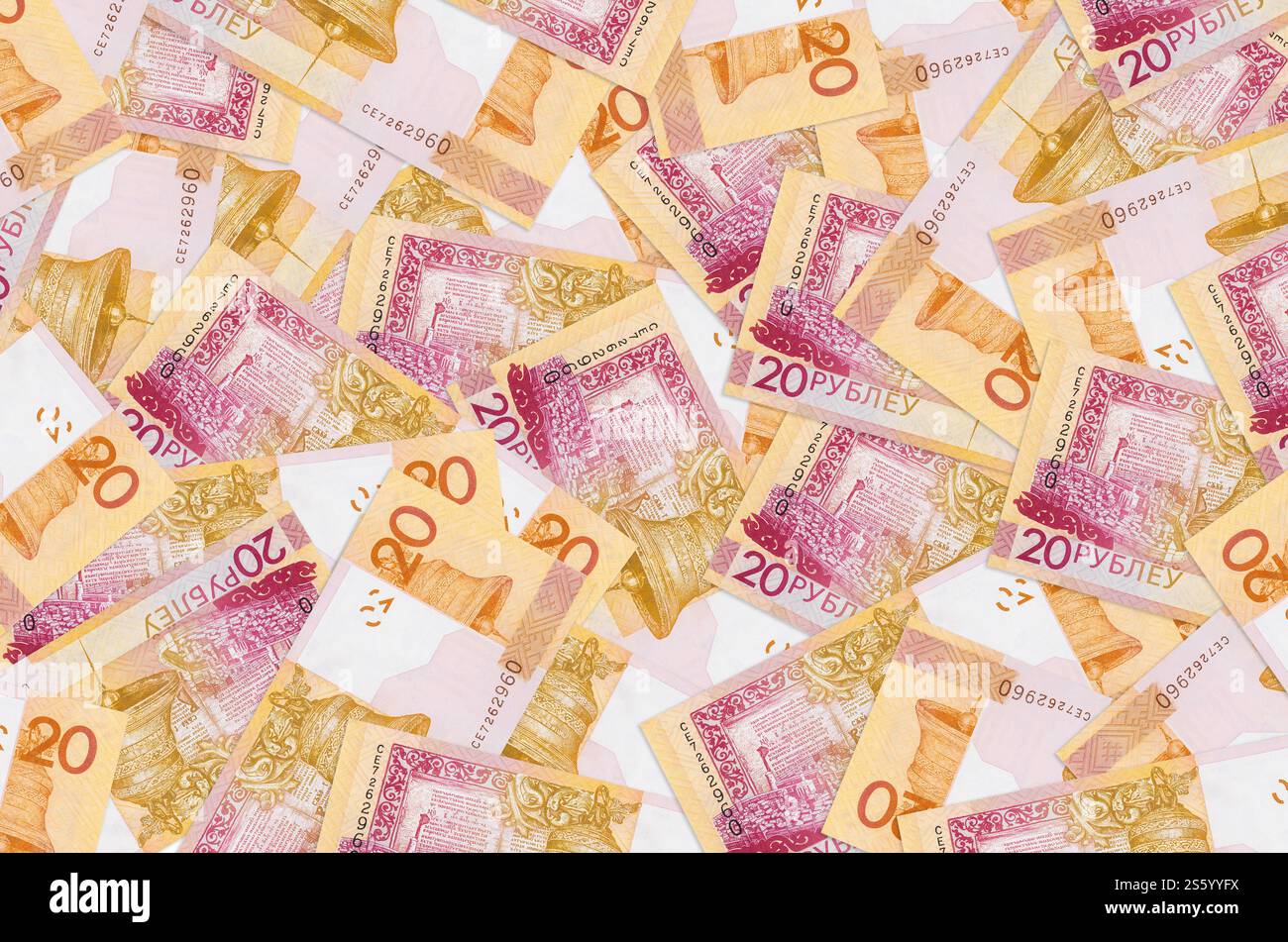 20 Belorussian rubles bills lies in big pile. Rich life conceptual ...