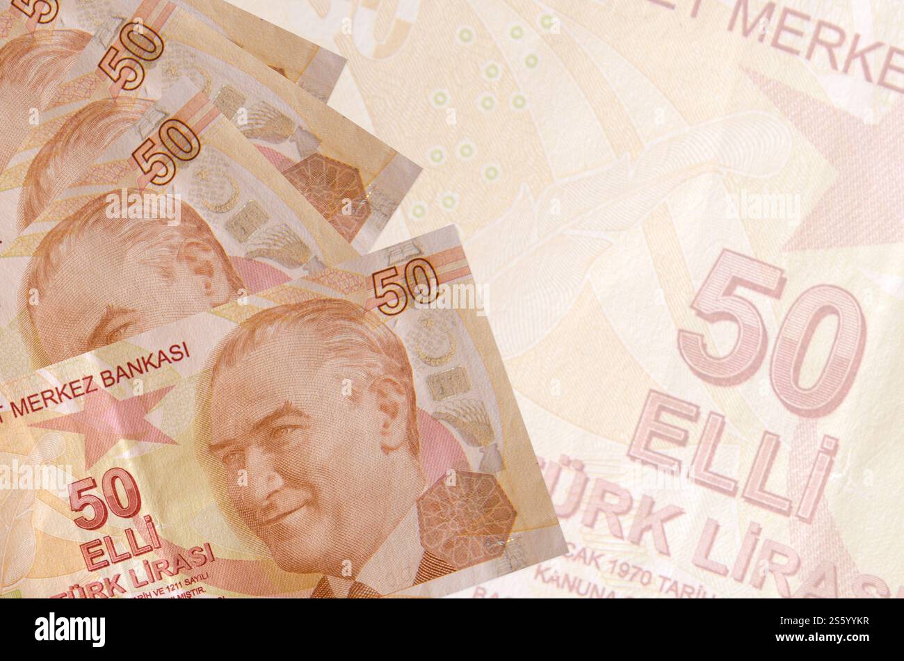 50 Turkish liras bills lies in stack on background of big semi ...
