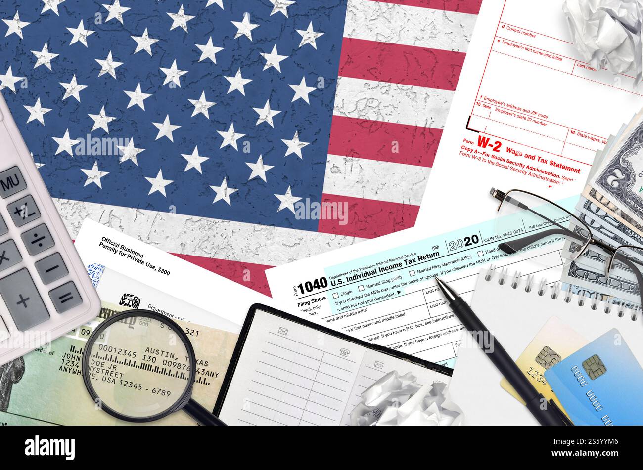 IRS form 1040 Individual income tax return and W-2 wage and tax ...