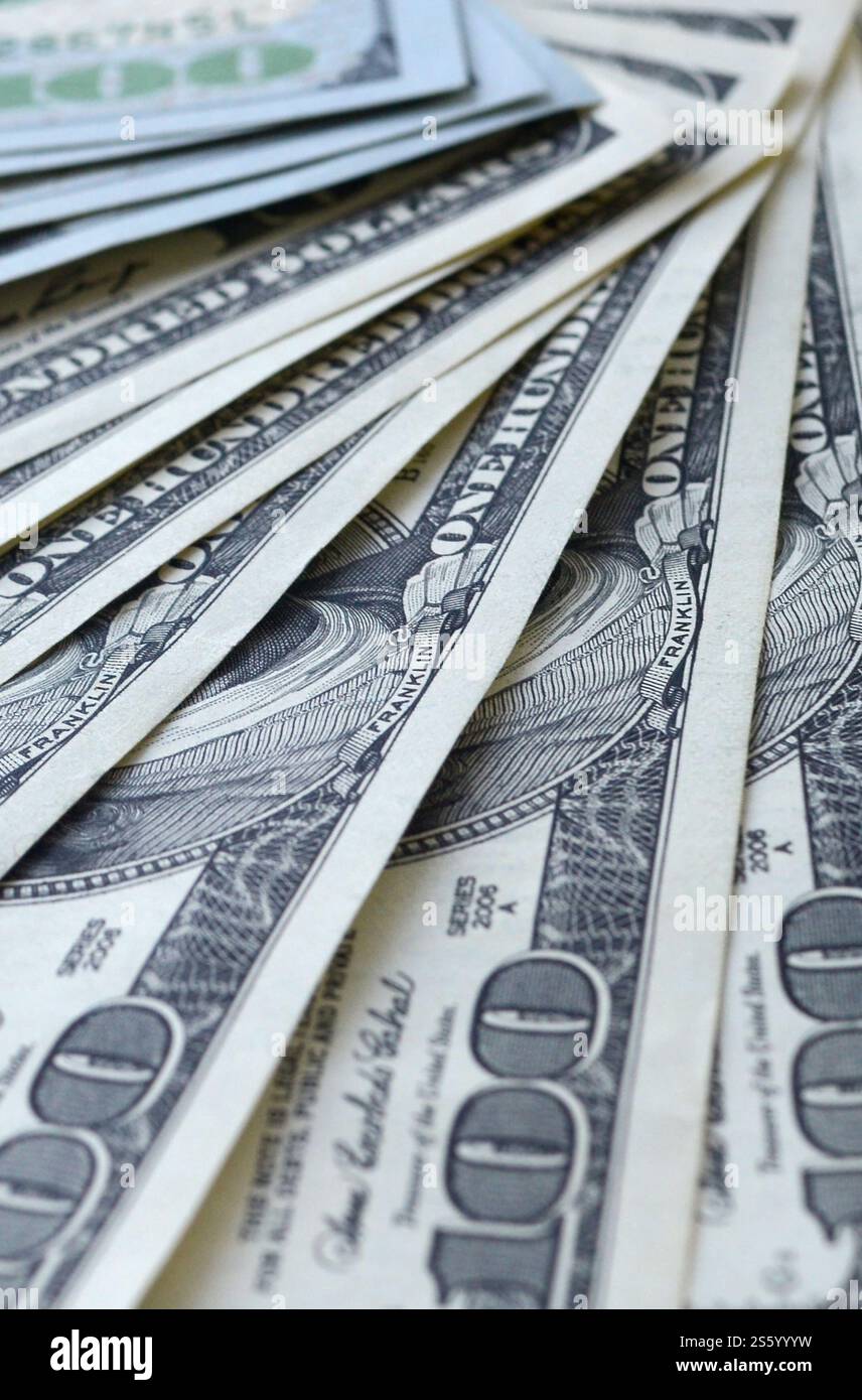 Background of 100 dollar bills. Abstract textured backdrop with many ...
