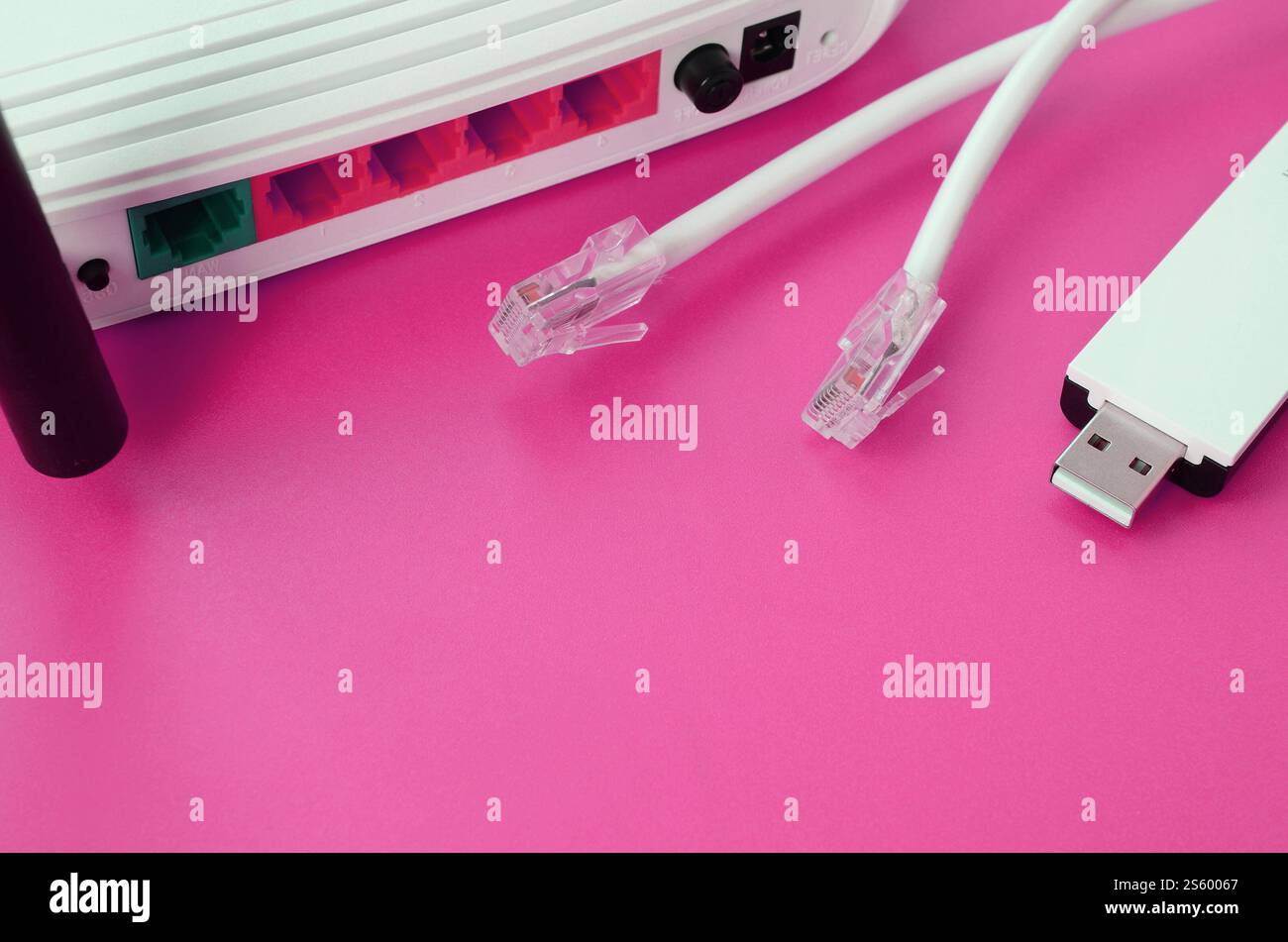 Internet router, portable USB wi-fi adapter and internet cable plugs ...