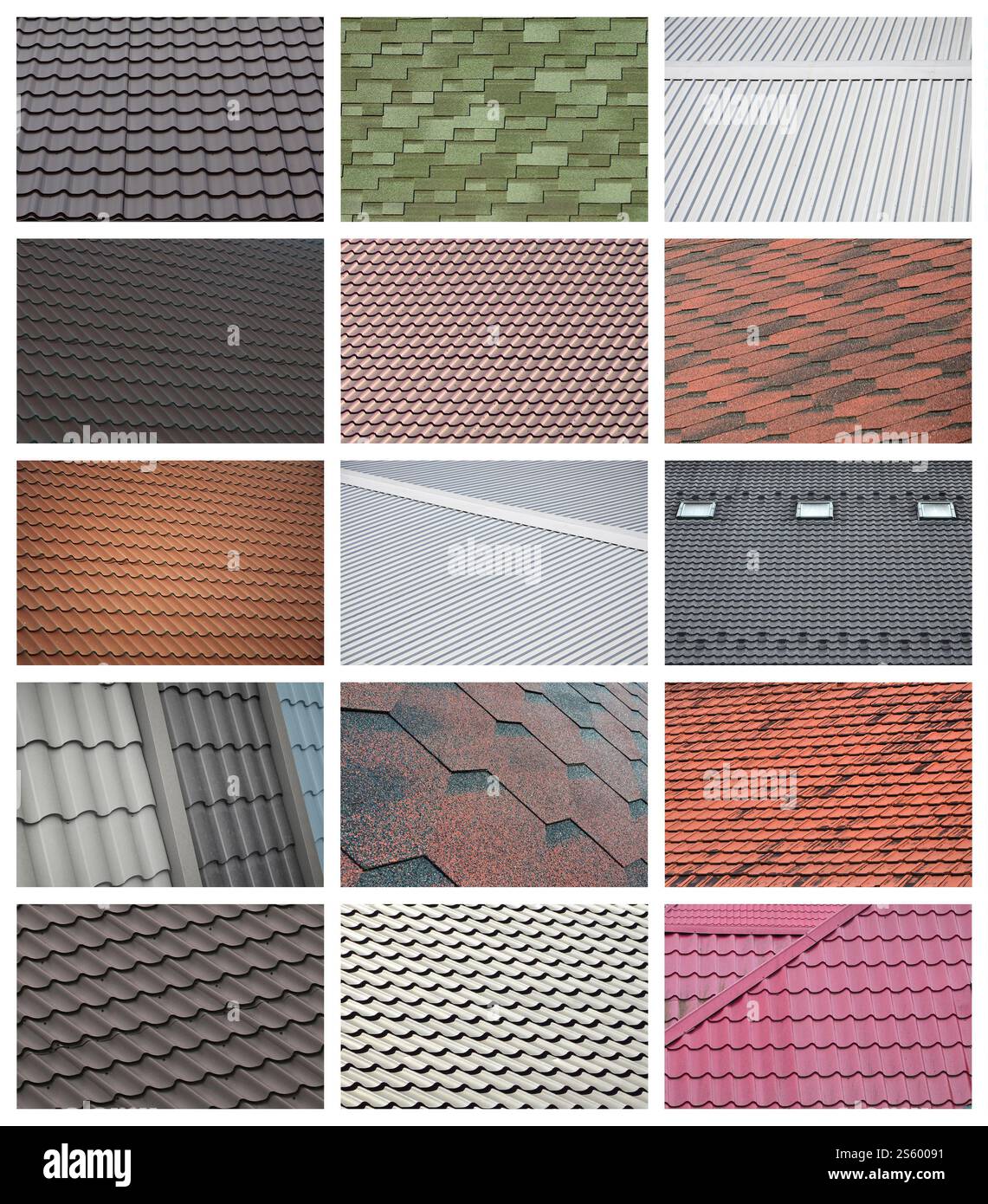 A collage of many pictures with fragments of various types of roofing ...