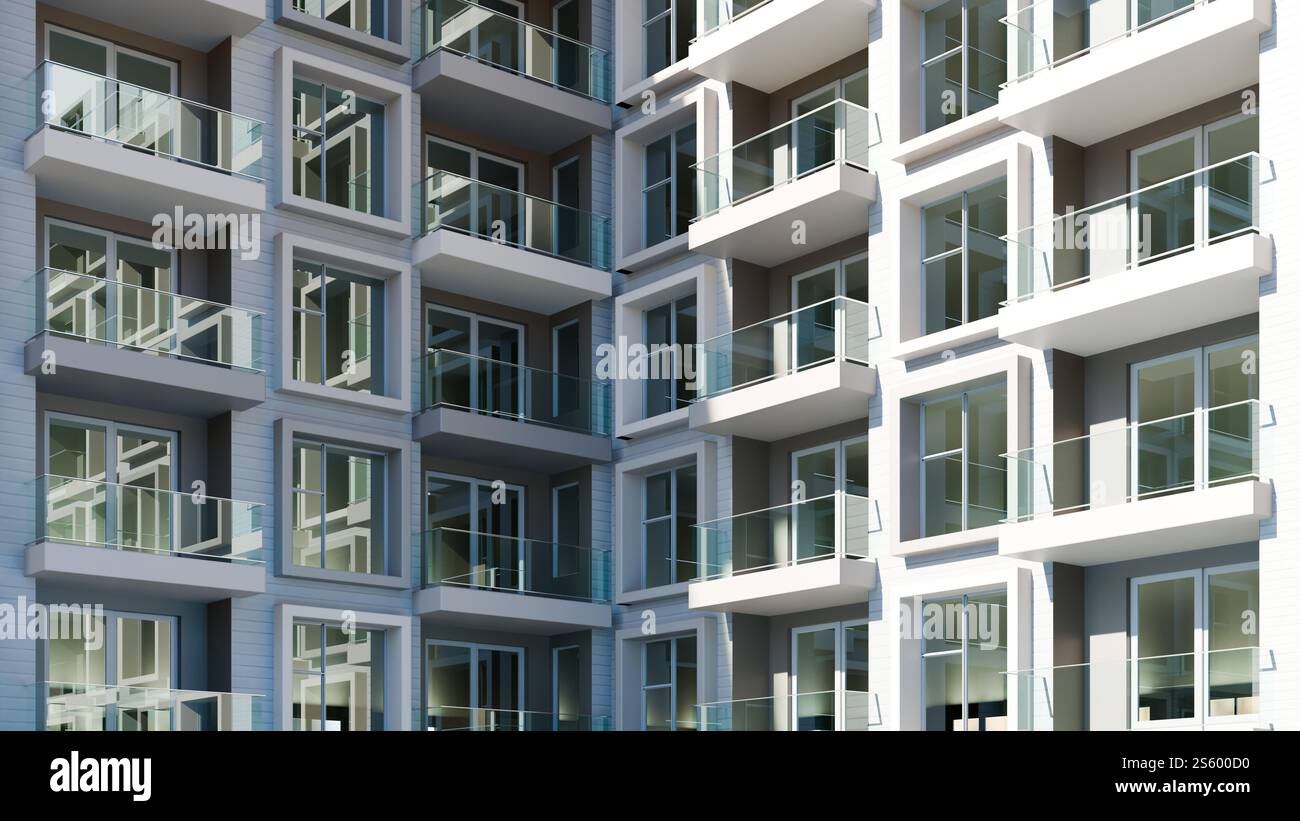 Contemporary apartment building features multiple floors with glass ...