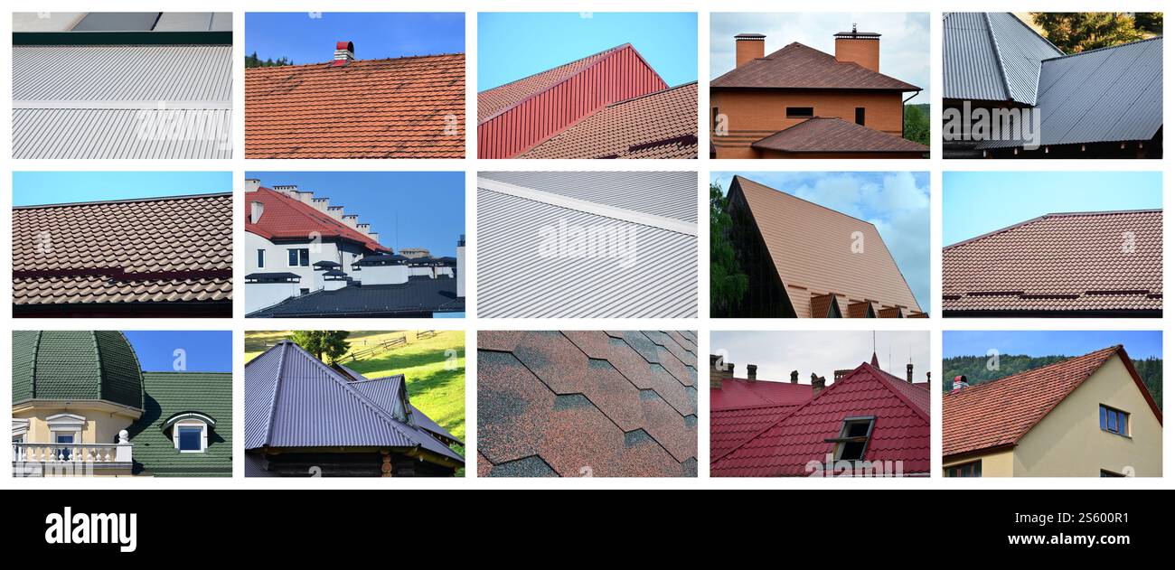 A collage of many pictures with fragments of various types of roofing ...