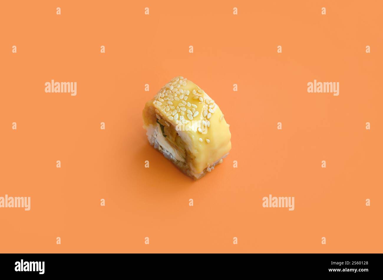 Tori Katsu sushi Roll Maki with processed cheese on orange background ...