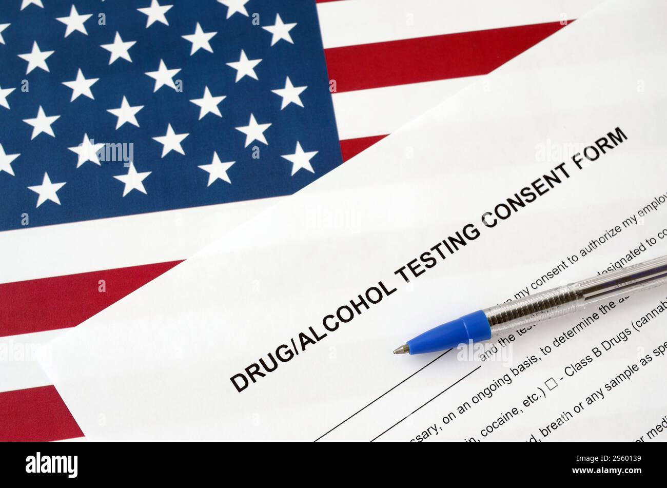 Drug and alcohol testing consent form with blue pen on United States ...