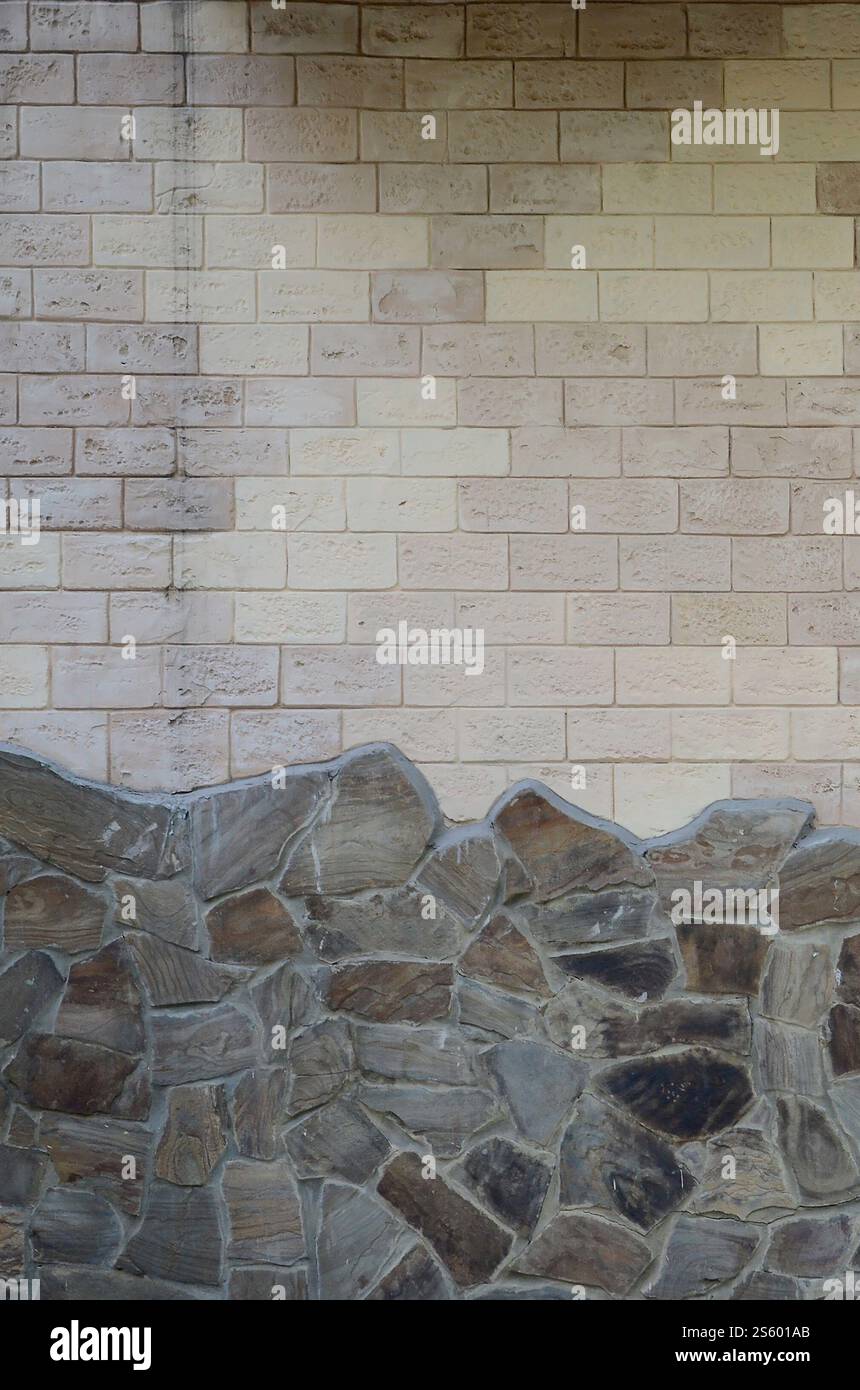 Rustic old beige white brick wall background and worn foundation with ...