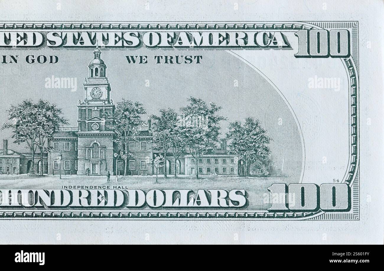 Independence Hall on 100 dollars banknote back side closeup macro ...