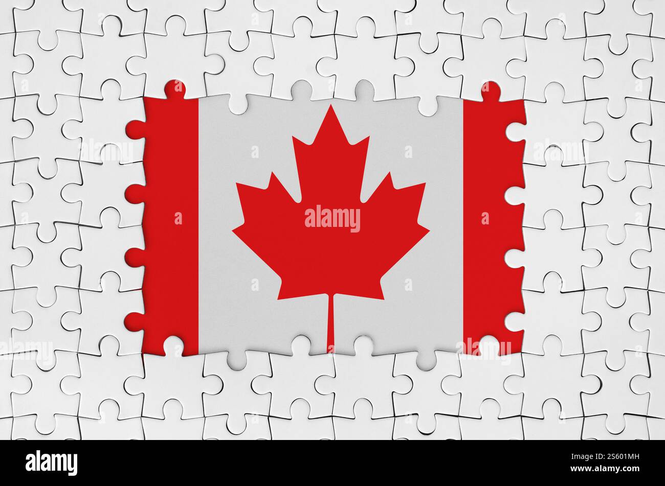 Canada flag in frame of white puzzle pieces with missing central parts ...