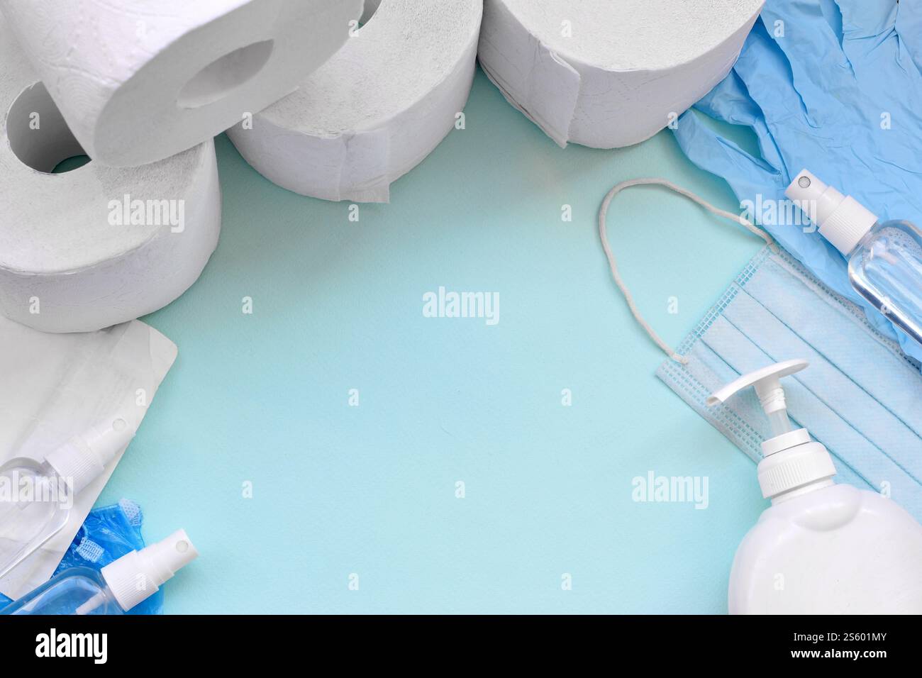 Set of important items for Covid-19 quarantine times. Toilet paper ...