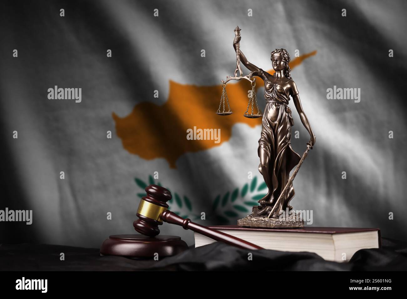 Cyprus flag with statue of lady justice, constitution and judge hammer ...