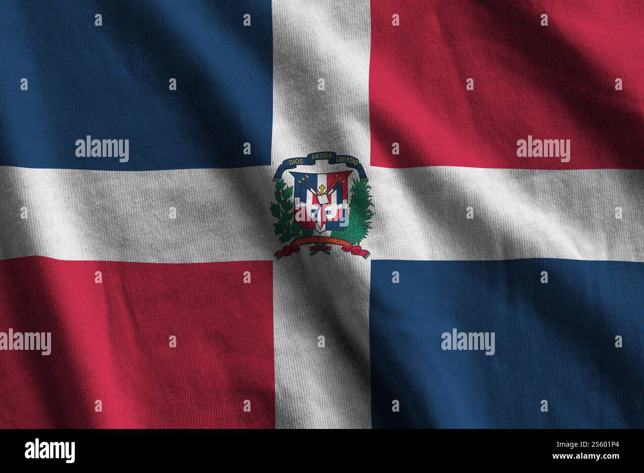 Dominican Republic flag with big folds waving close up under the studio ...