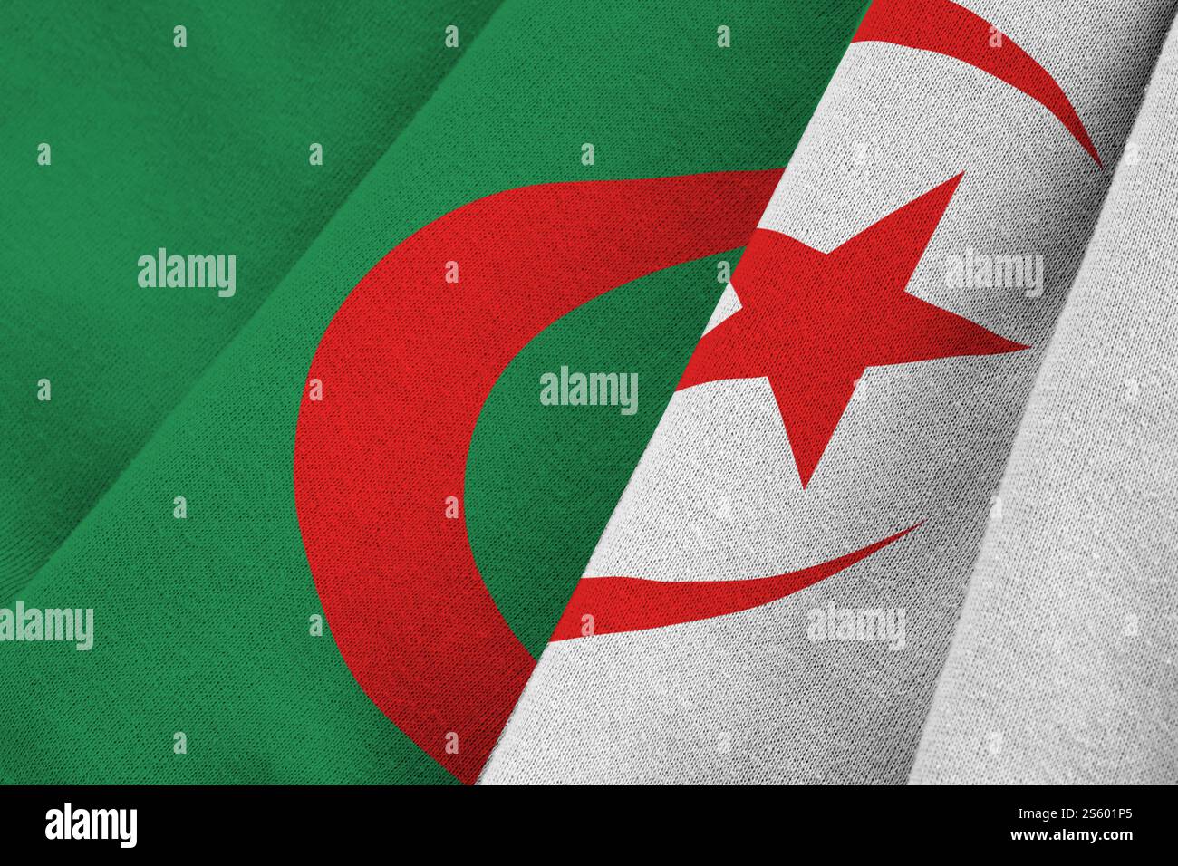 Algeria flag with big folds waving close up under the studio light ...