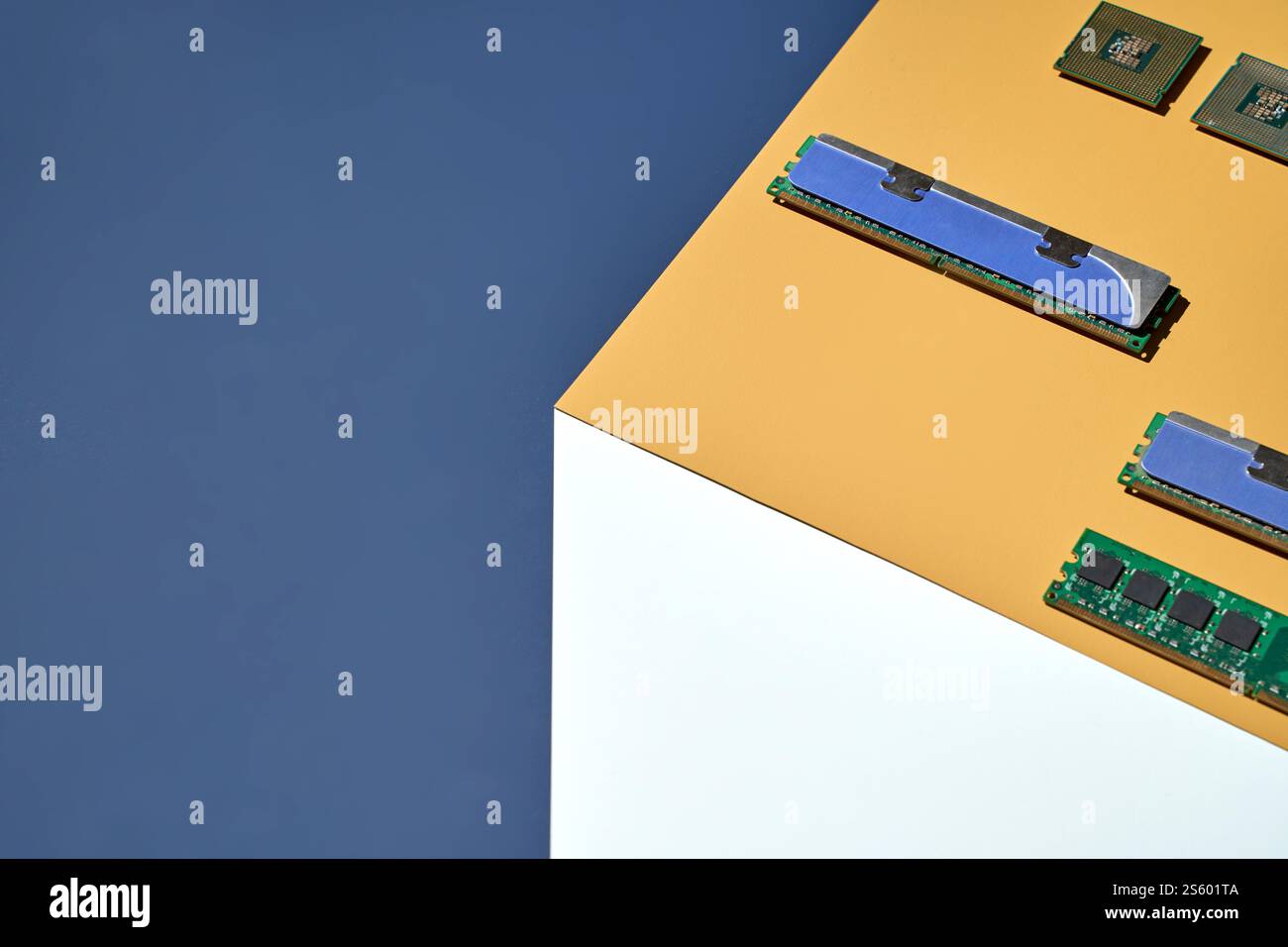 Modern computer components displayed on geometric background with ram ...
