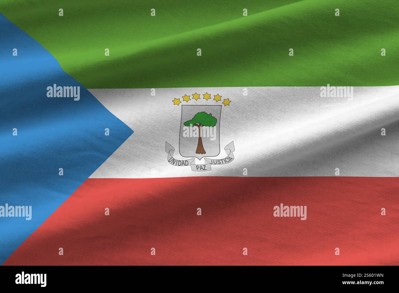 Equatorial Guinea flag with big folds waving close up under the studio ...