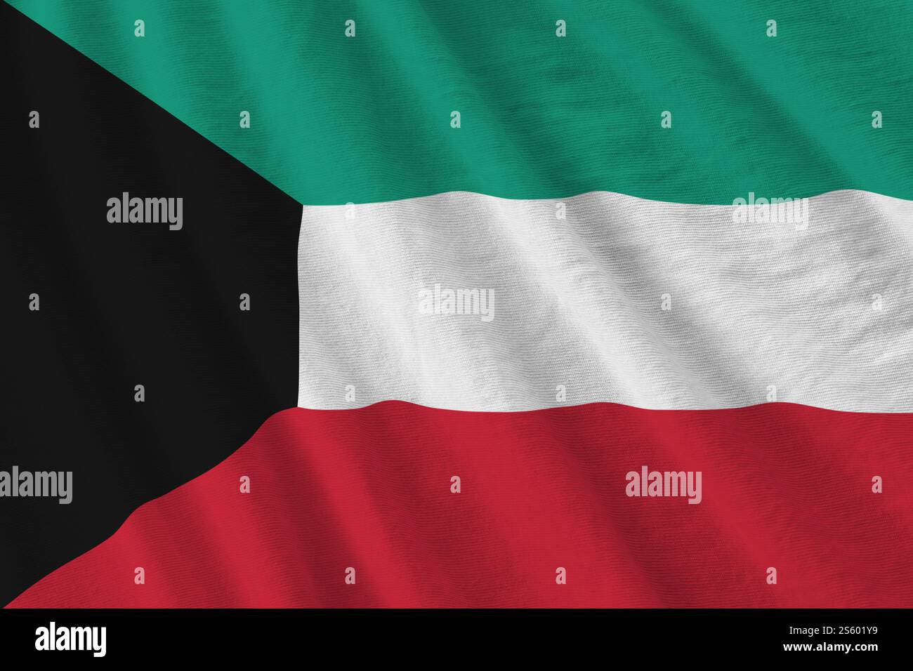 Kuwait flag with big folds waving close up under the studio light ...