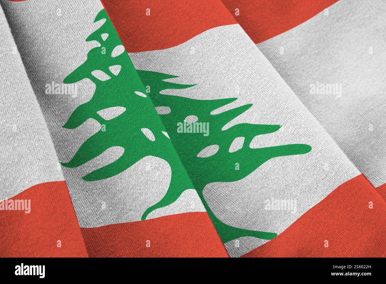 Lebanon flag with big folds waving close up under the studio light ...