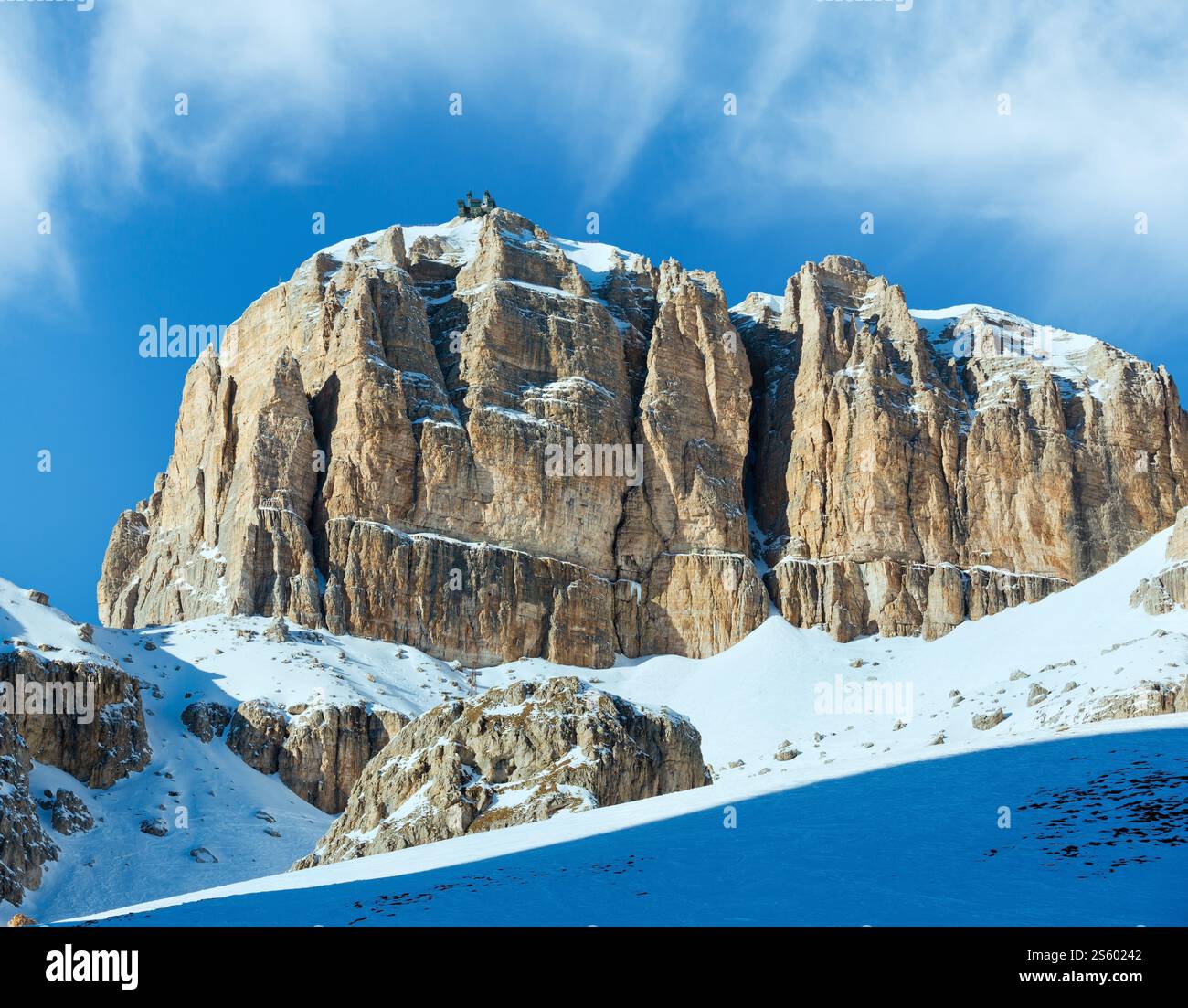 Beautiful winter mountain view from Pordoi Pass (pass in the Dolomites ...