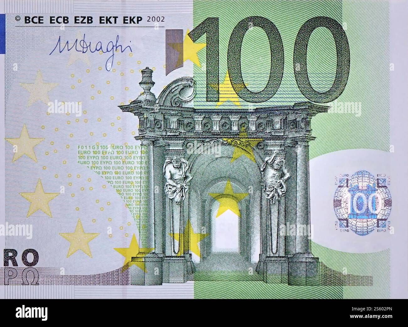 Front part of 100 euro banknote close-up with small green details ...