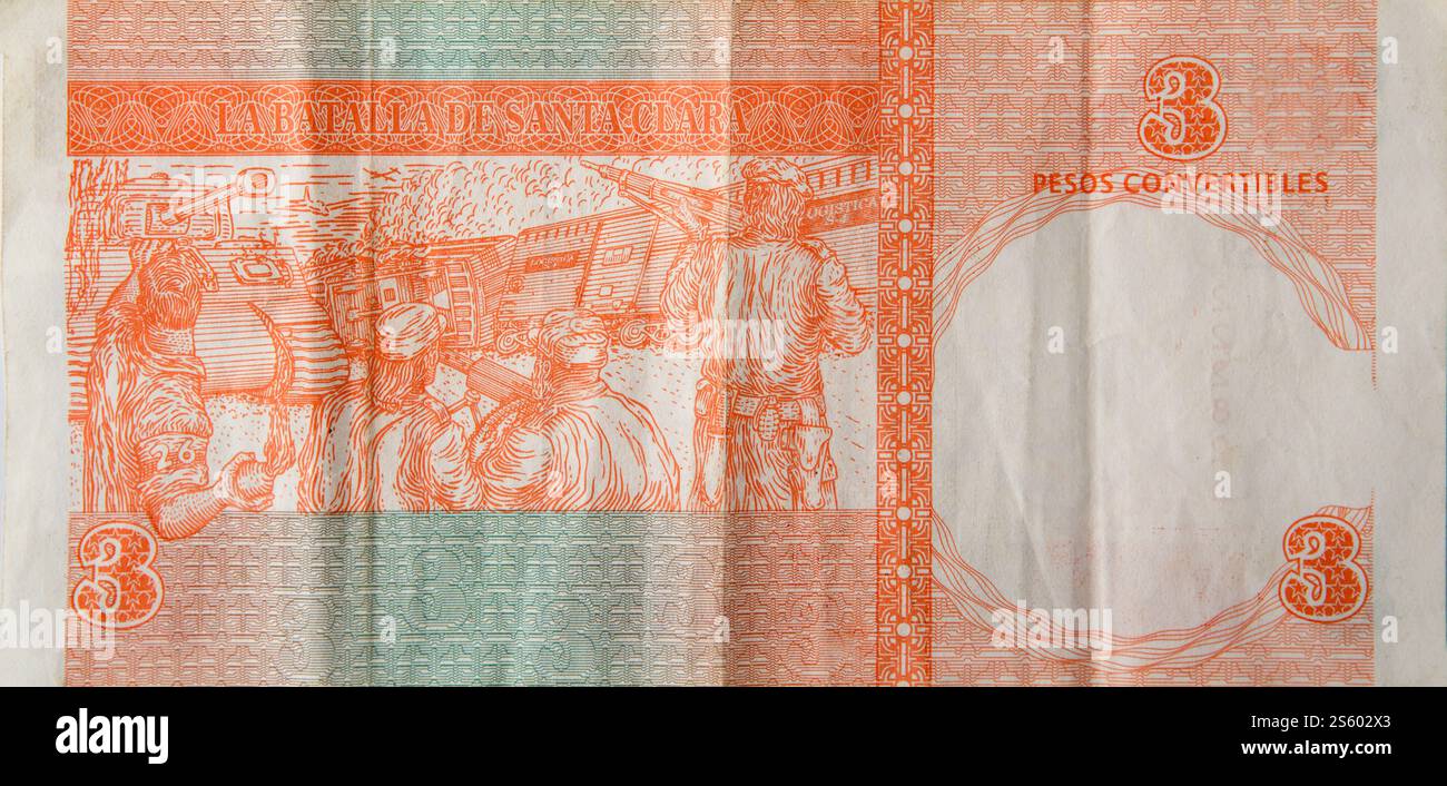 Santa Clara battle on cuban banknote of orange three pesos convertibles ...