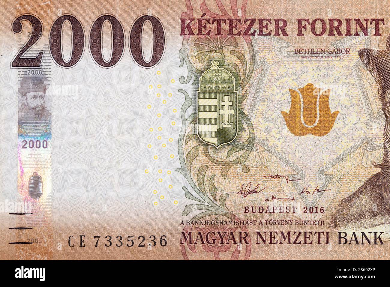 Part of blue Hungary 2000 Forint 2017 Banknote fragment close up. Part ...