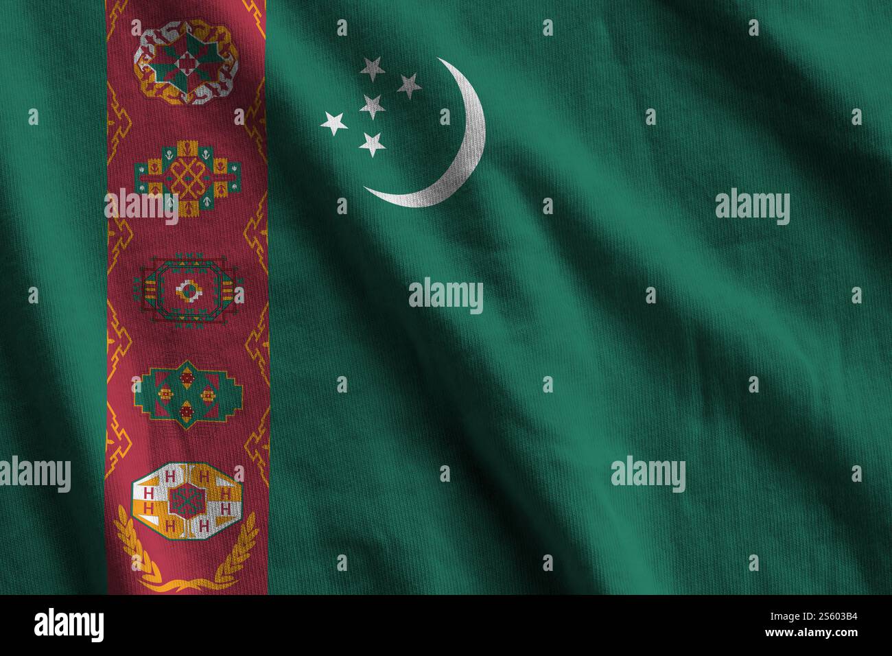 Turkmenistan flag with big folds waving close up under the studio light ...