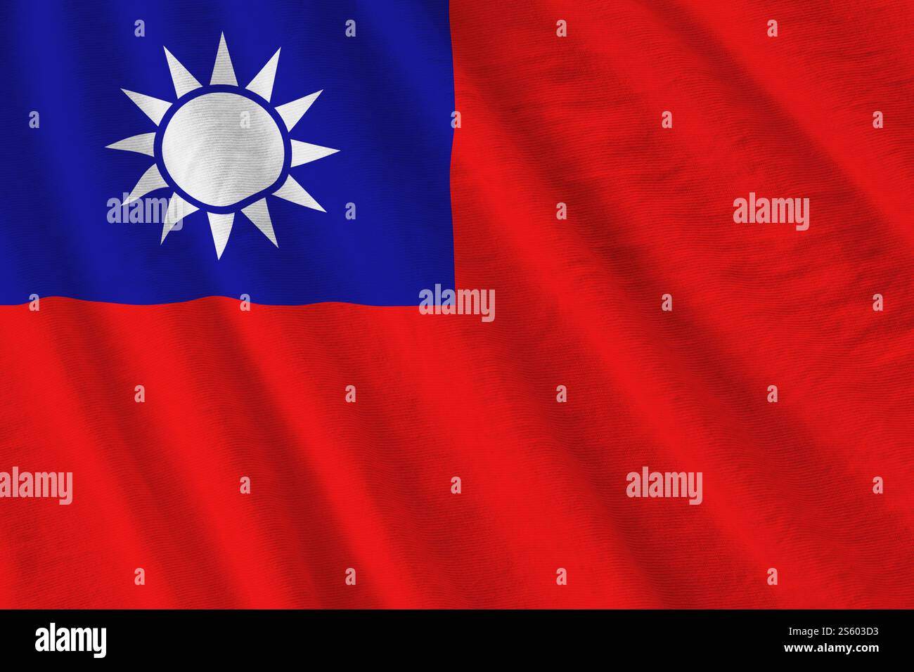 Taiwan flag with big folds waving close up under the studio light ...