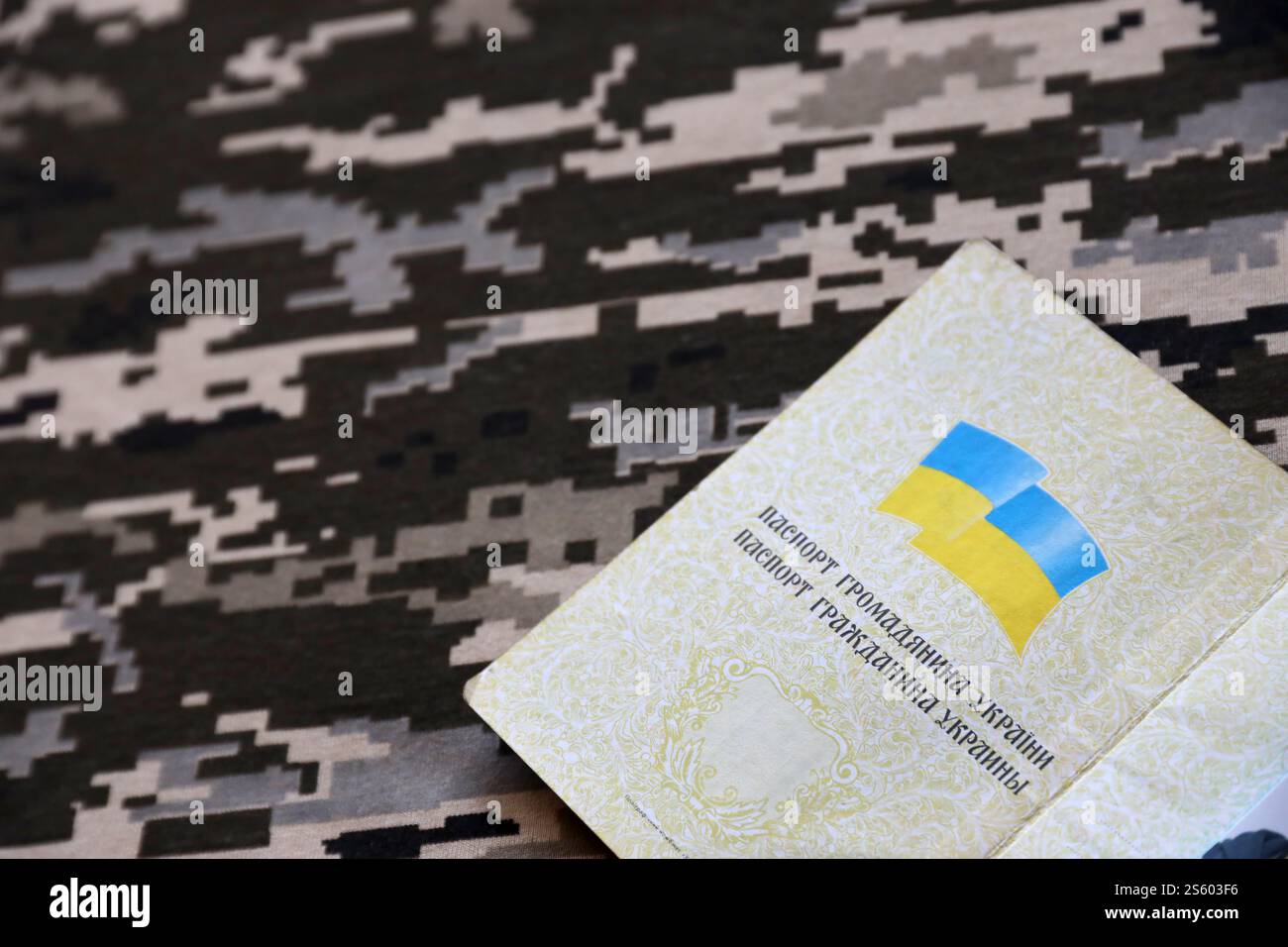 Ukrainian foreign passport on fabric with texture of military pixeled ...