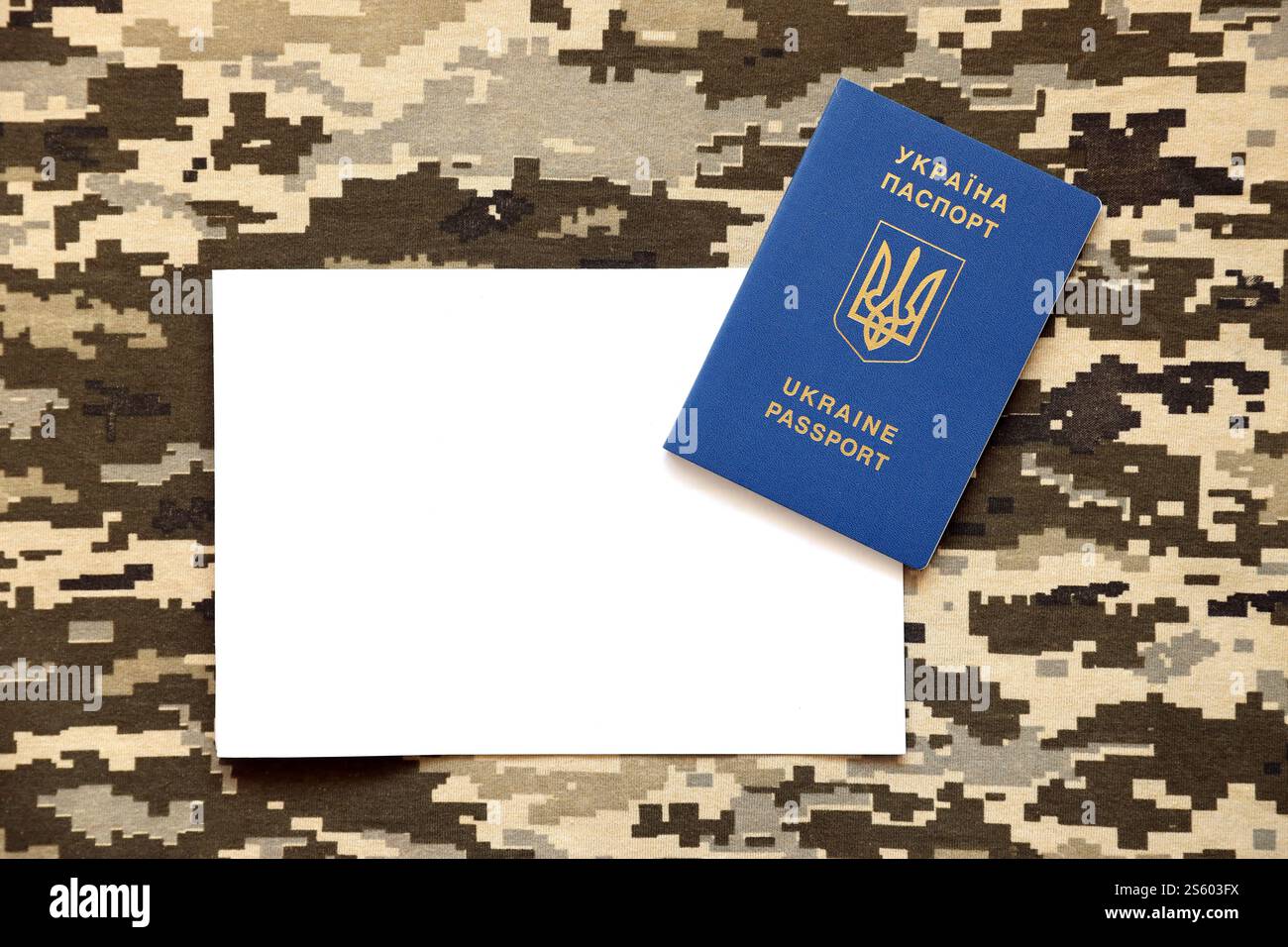 Ukrainian foreign passport on fabric with texture of military pixeled ...