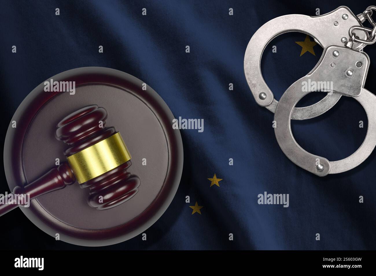Alaska US state flag with judge mallet and handcuffs in dark room ...