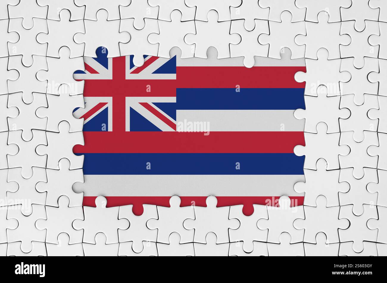 Hawaii US state flag in frame of white puzzle pieces with missing ...