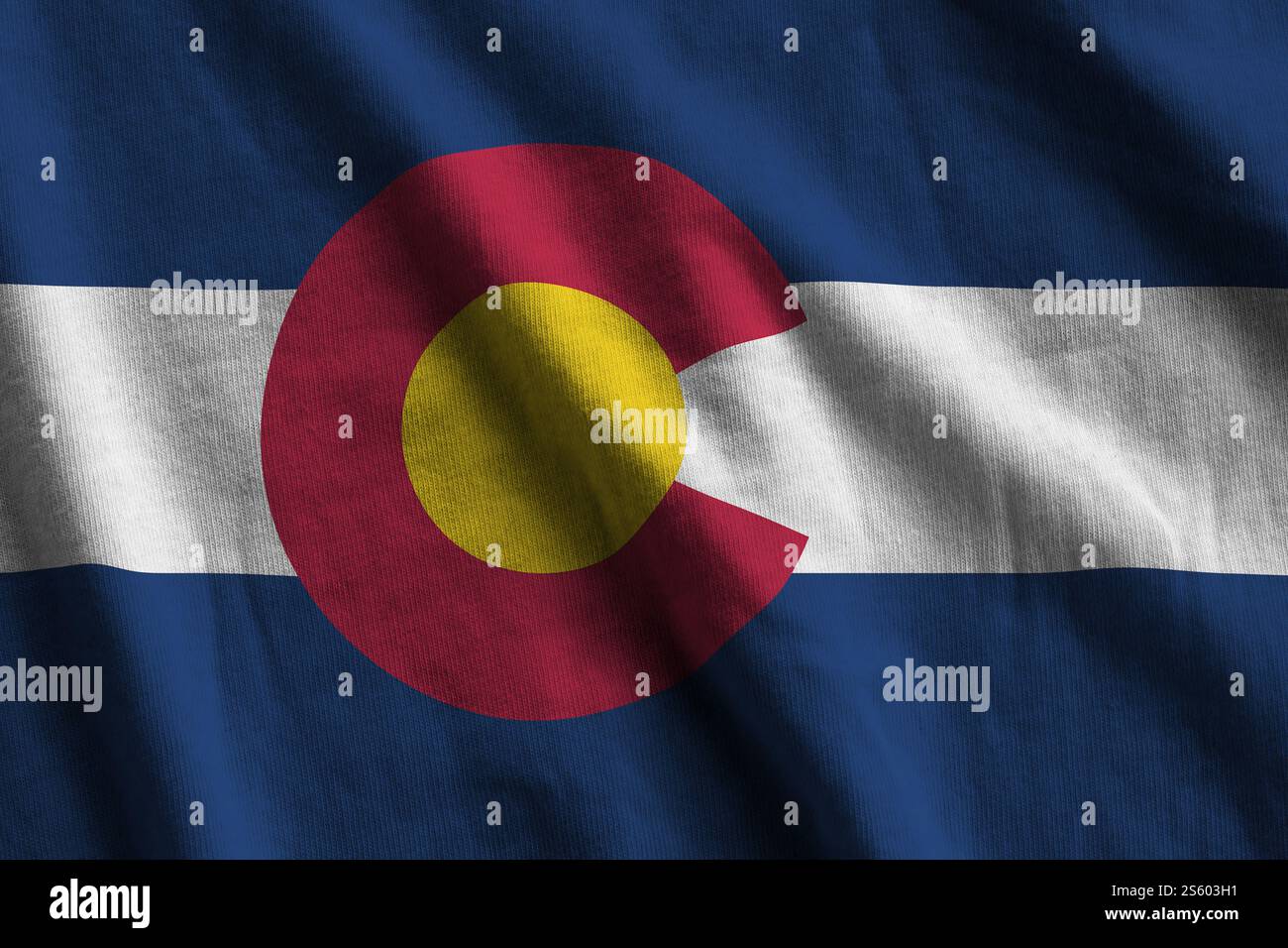 Colorado US state flag with big folds waving close up under the studio ...