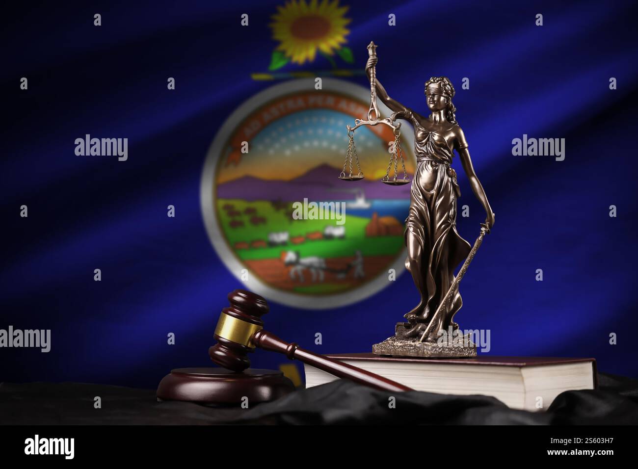 Kansas US state flag with statue of lady justice, constitution and ...
