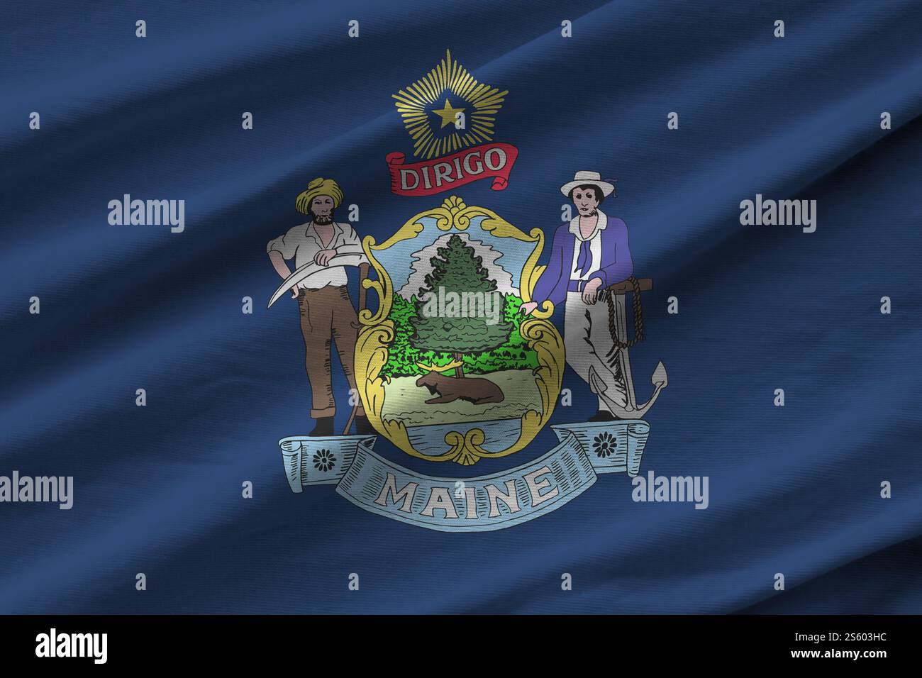 Maine US state flag with big folds waving close up under the studio ...