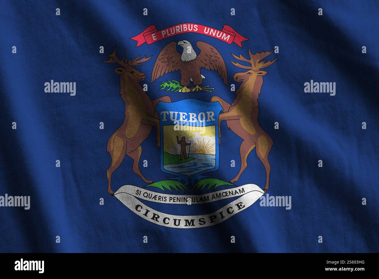 Michigan US state flag with big folds waving close up under the studio ...