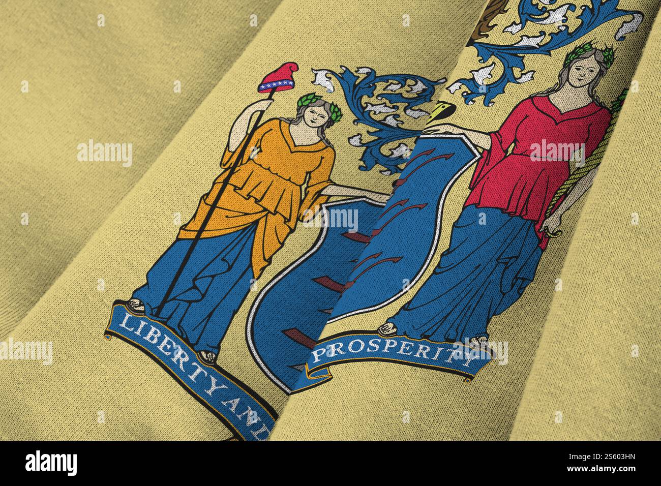 New Jersey US state flag with big folds waving close up under the ...
