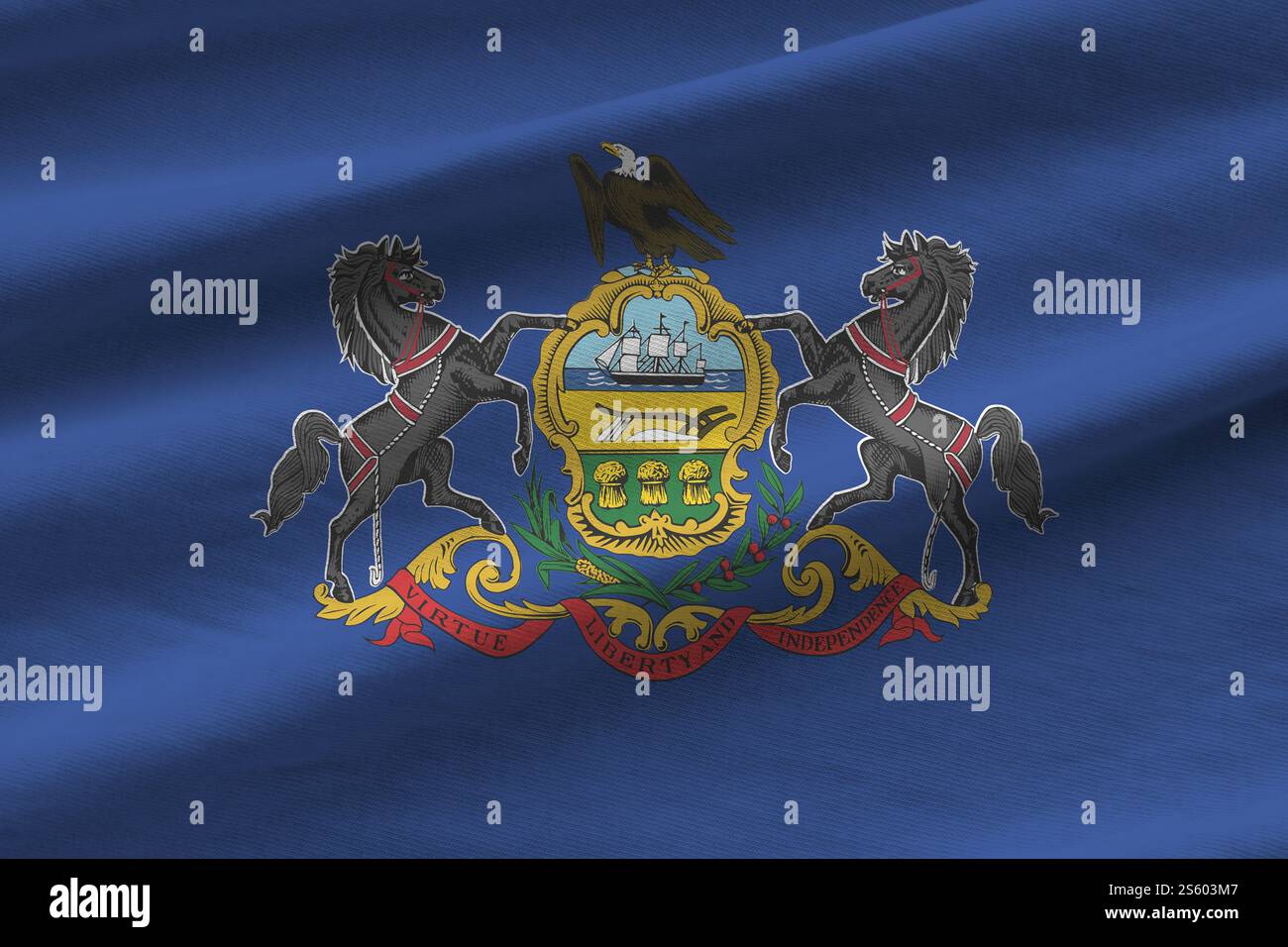 Pennsylvania US state flag with big folds waving close up under the ...