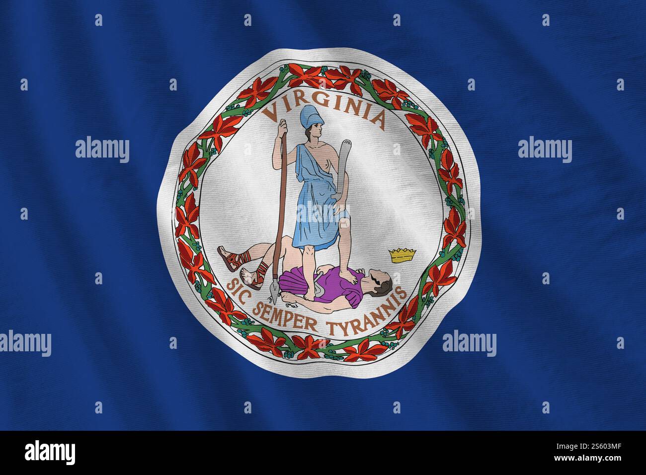 Virginia US state flag with big folds waving close up under the studio ...