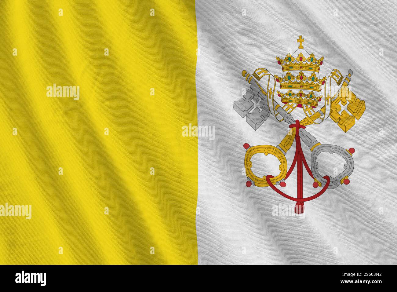 Vatican City State flag with big folds waving close up under the studio ...