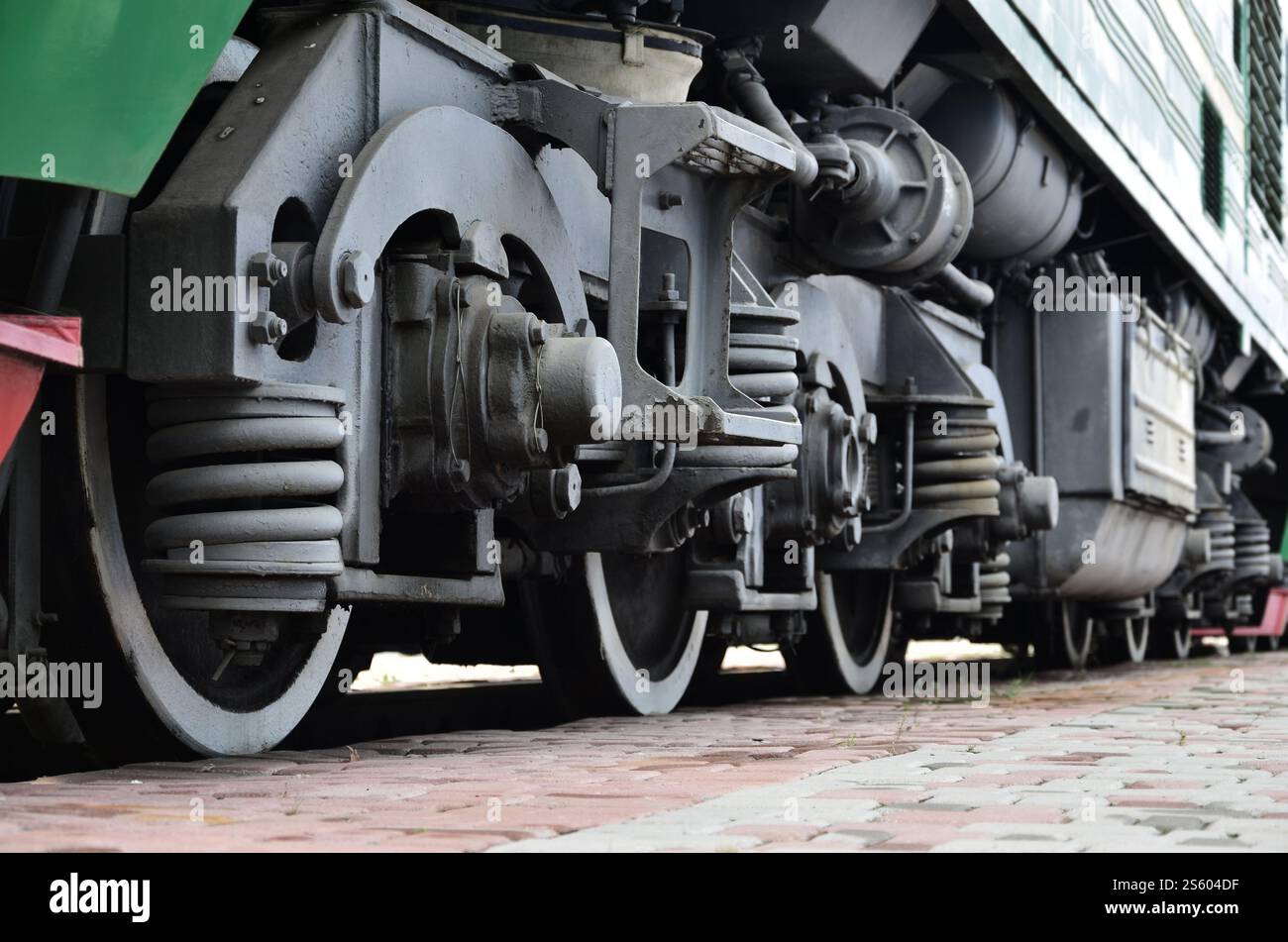 Wheels of a Russian modern locomotive, view from side. Transportation ...