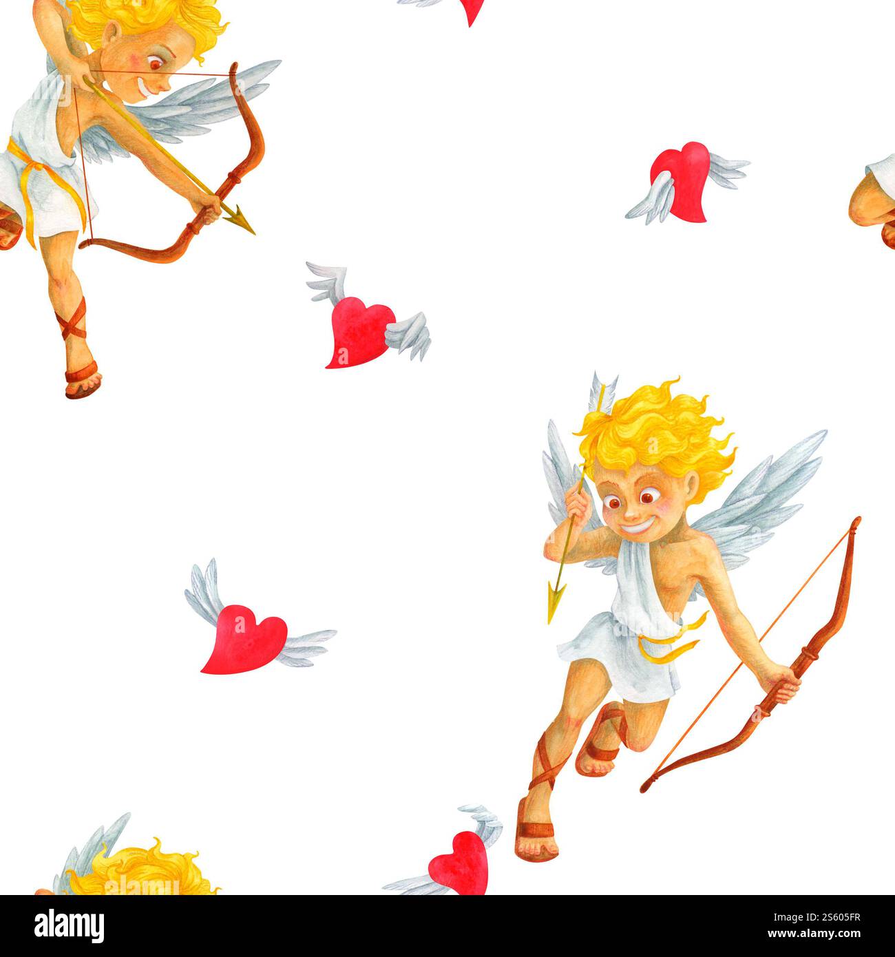 Seamless pattern with cartoon Cherub Cupid hunting red flying hearts ...