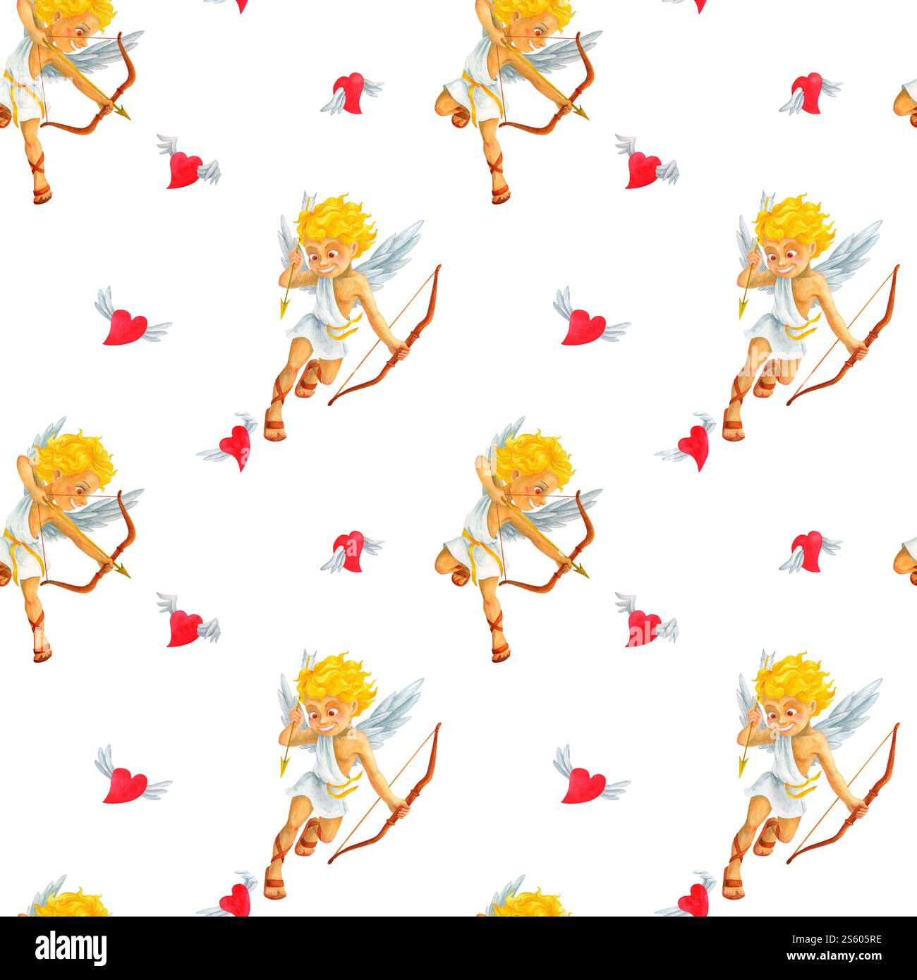 Seamless pattern with cartoon Cherub Cupid hunting red flying hearts ...
