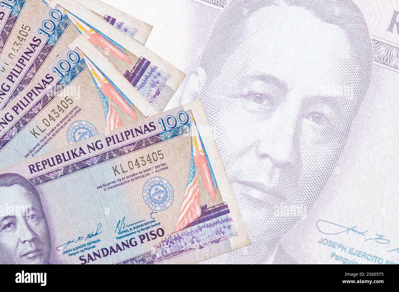 100 Philippine piso bills lies in stack on background of big semi ...