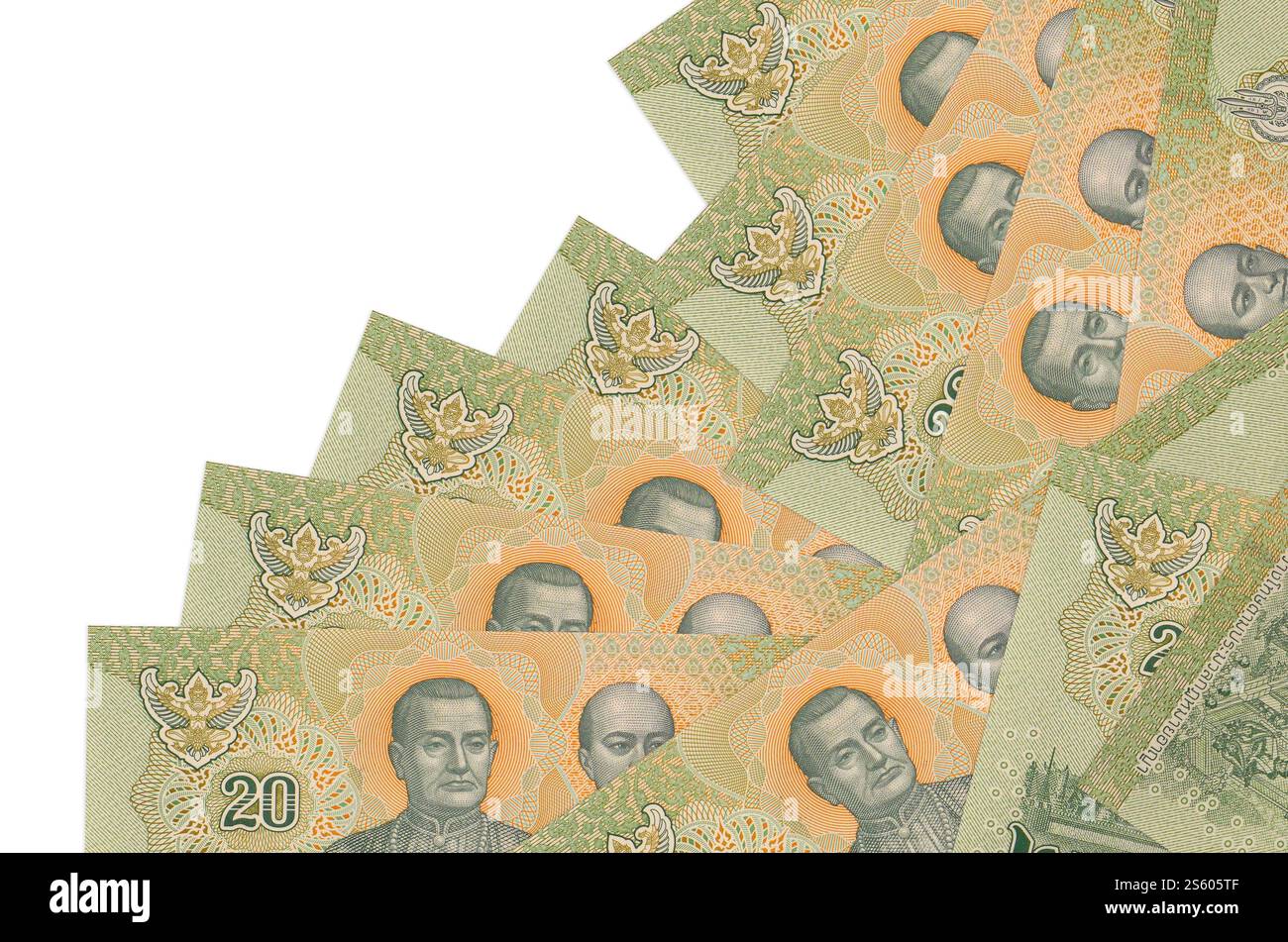20 Thai Baht bills lies in different order isolated on white. Local ...