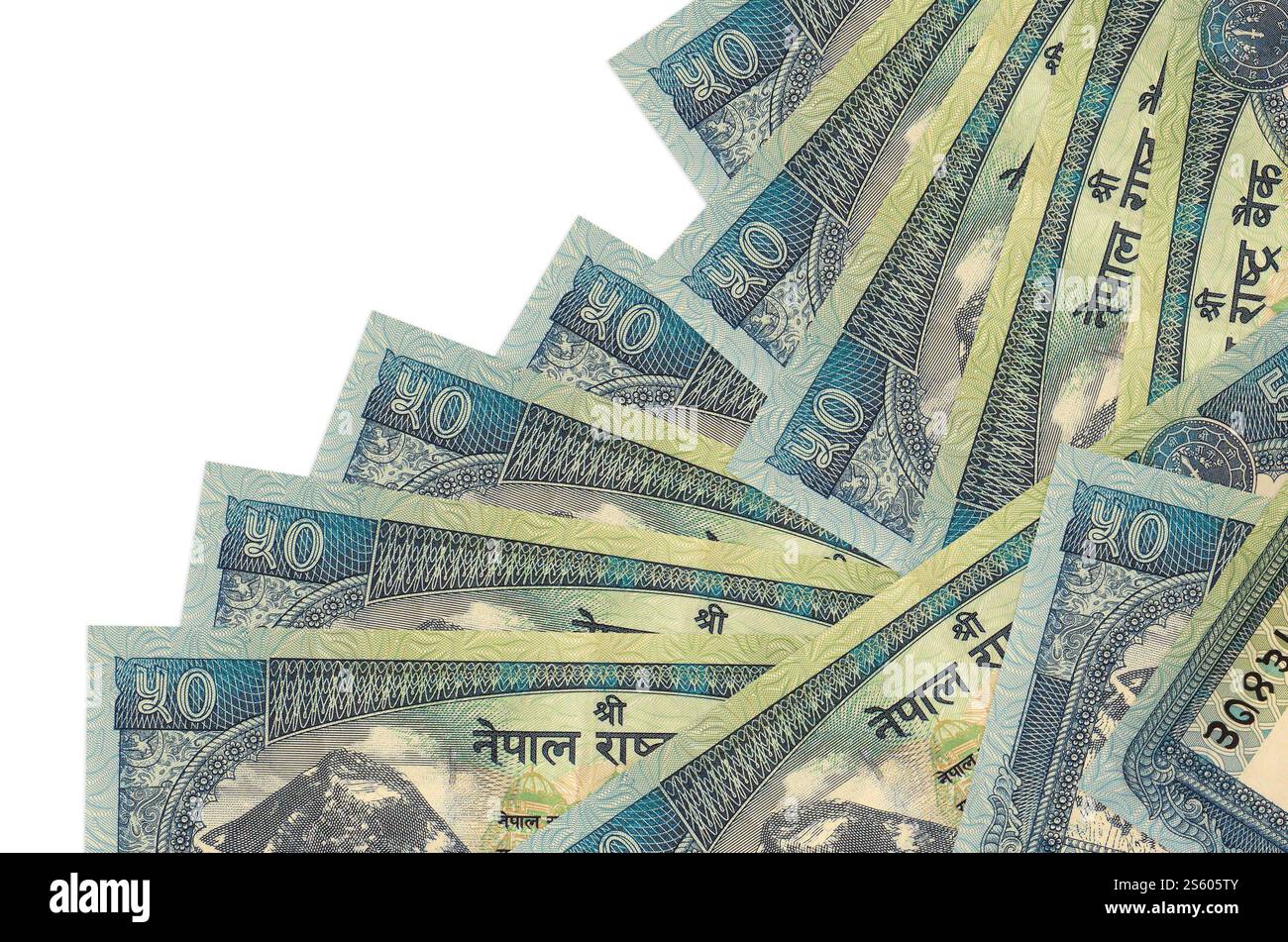 50 Nepalese rupees bills lies in different order isolated on white ...