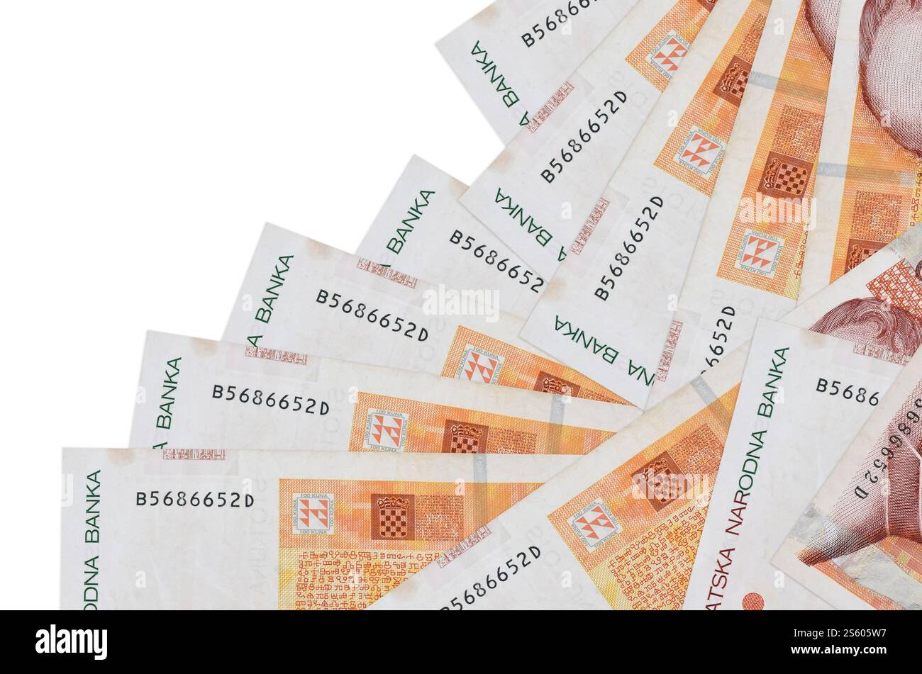 100 Croatian kuna bills lies in different order isolated on white ...