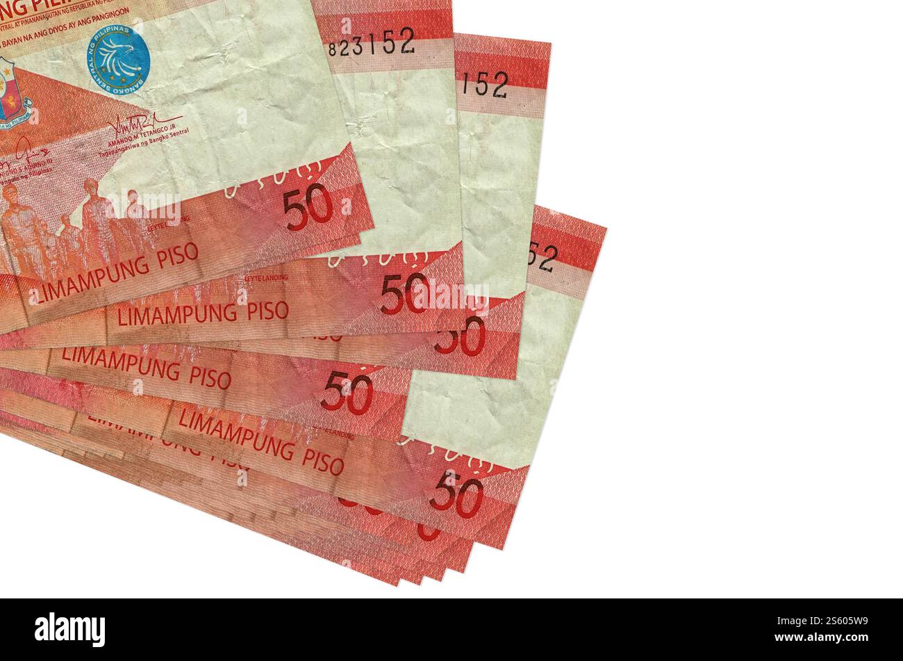 50 Philippine piso bills lies in small bunch or pack isolated on white ...