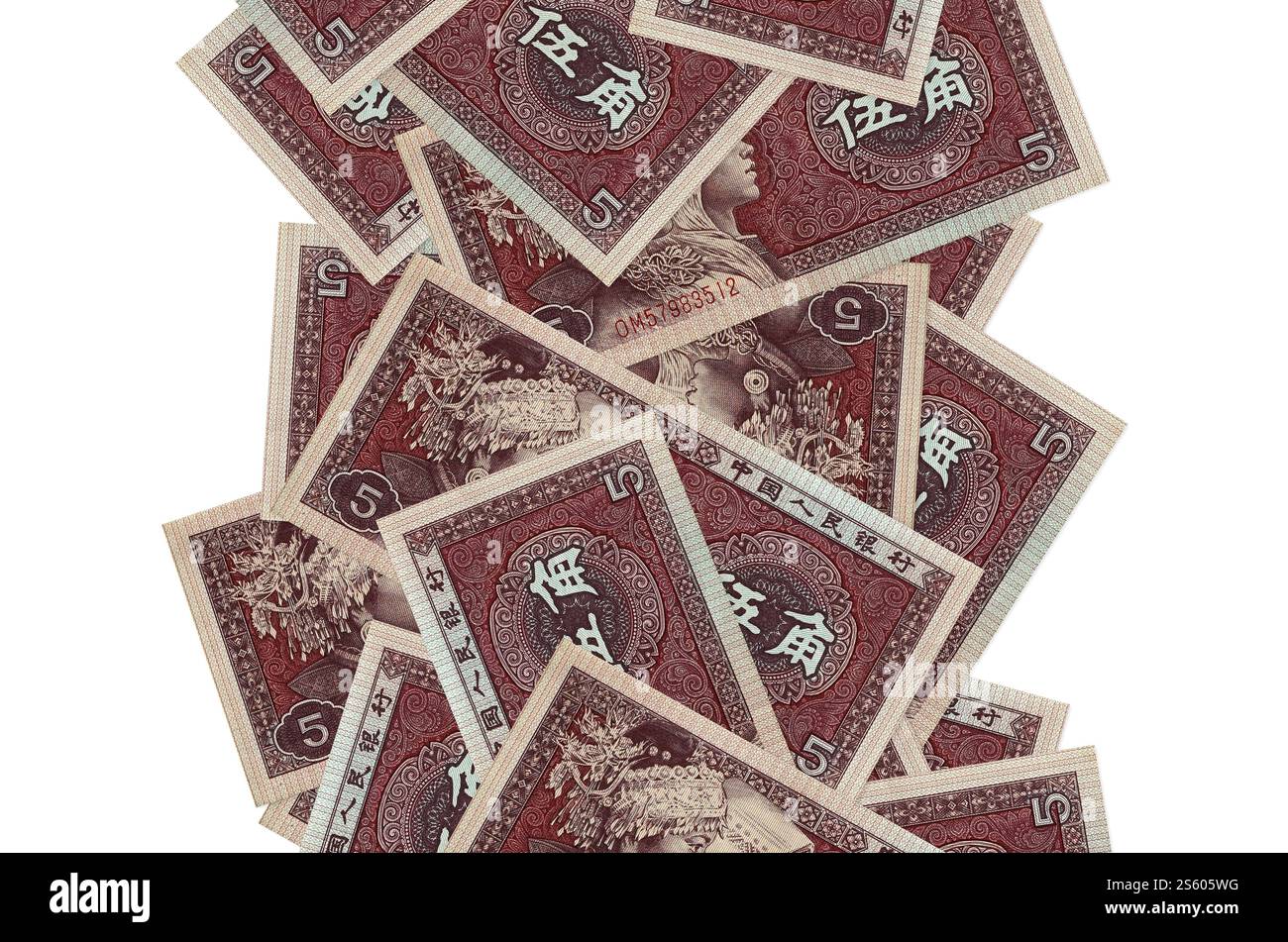 5 Chinese yuan bills flying down isolated on white. Many banknotes ...
