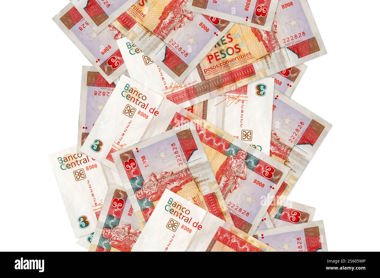 3 cuban pesos convertibles bills flying down isolated on white. Many ...